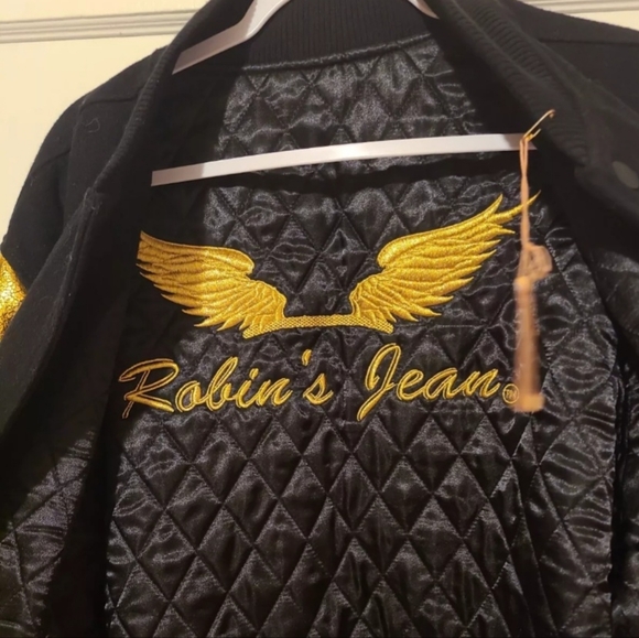 Robin's Jean | Jackets & Coats | Robin Jean Black And Gold Lettermen ...